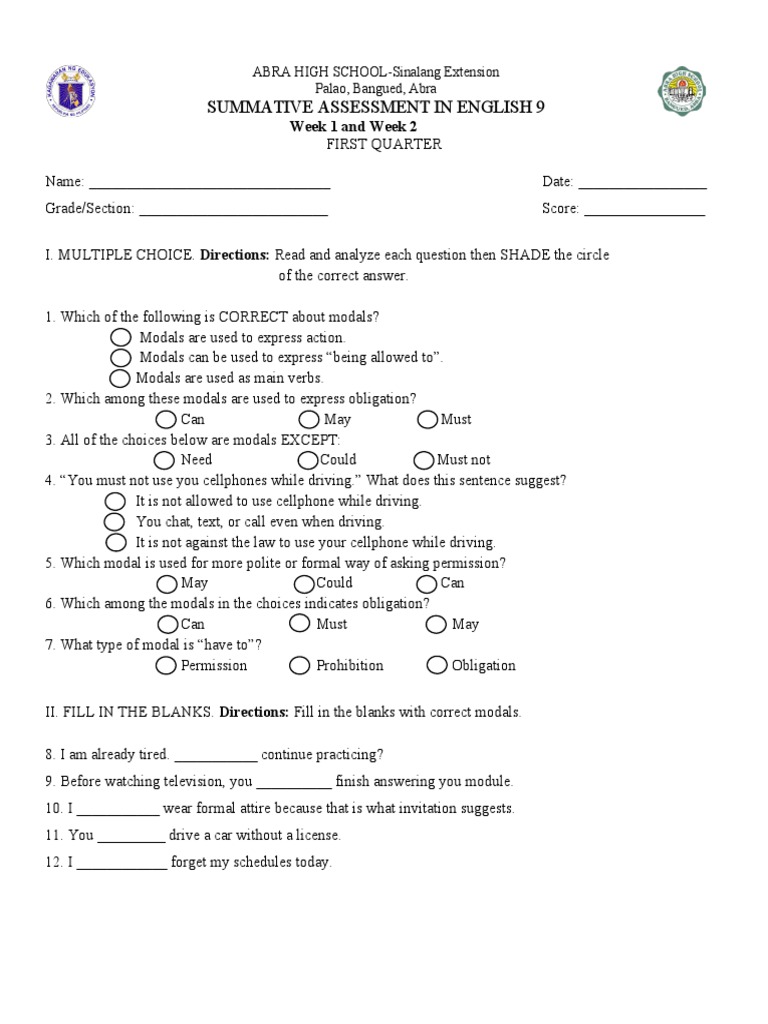 Summative Assessment in English 9: Week 1 and Week 2 | PDF | Syntax ...