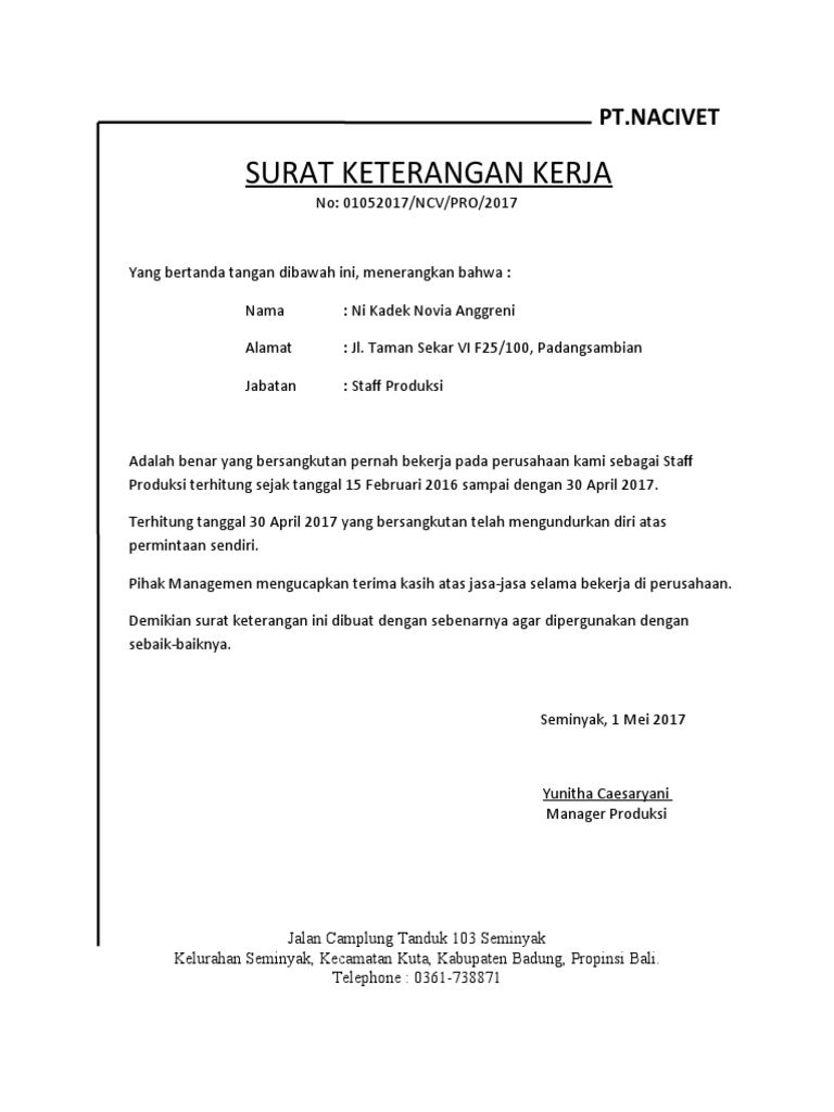 Surat Keterangan Kerja | PDF