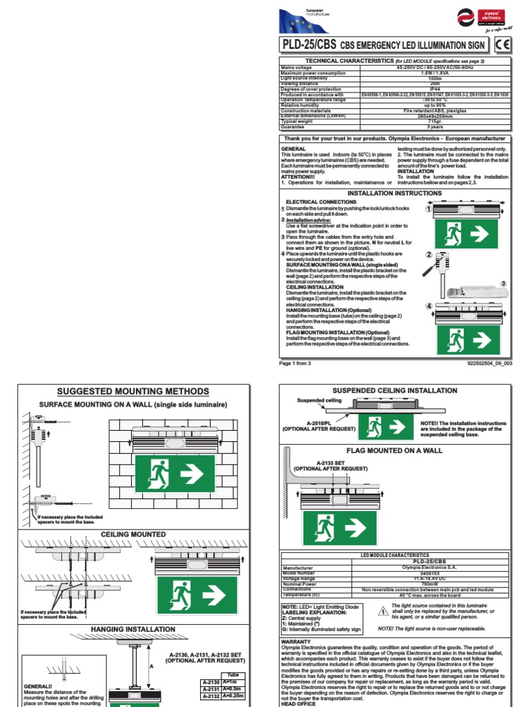 PLD-25/CBS: Cbs Emergency Led Illumination Sign | PDF | Mains ...
