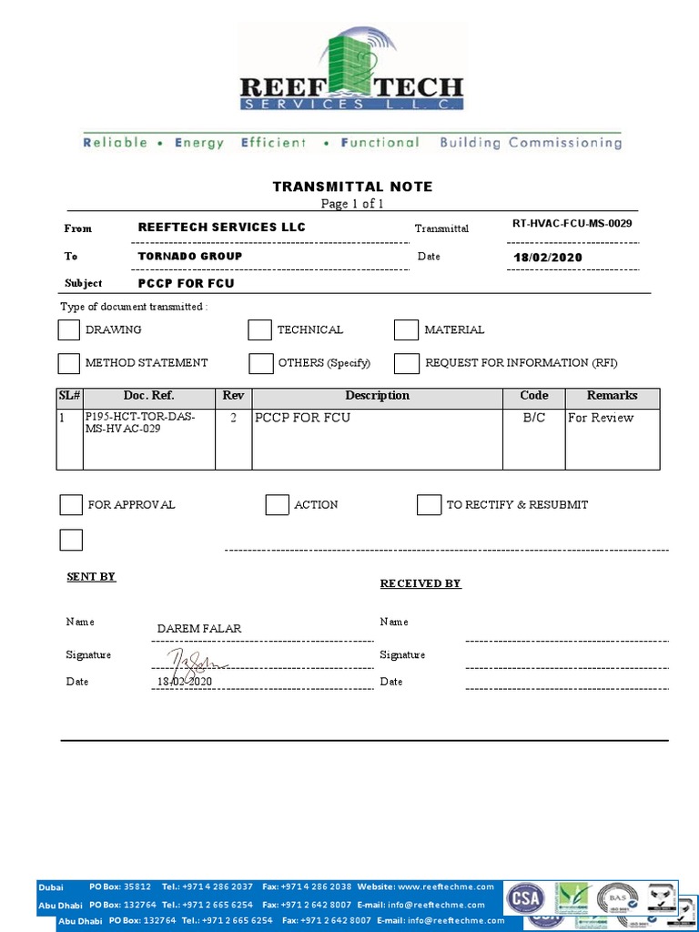 Transmittal Note Page 1 of 1: From To Subject | PDF