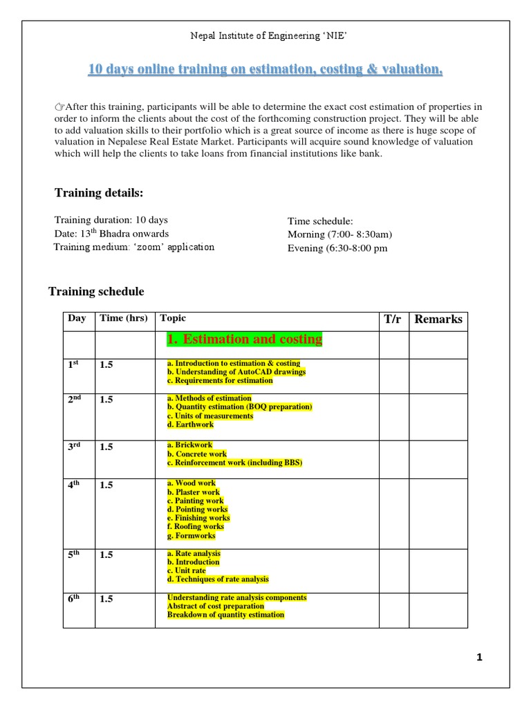 10 Days Training On Estimation, Costing and Valuation PDF | PDF | Real ...