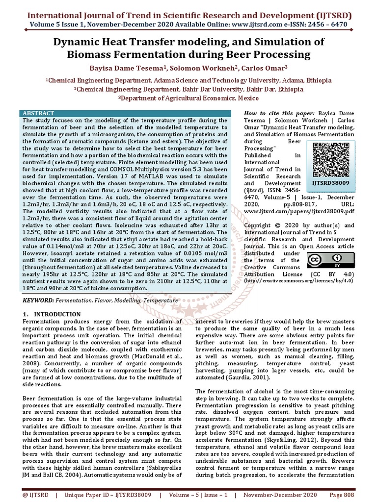 Dynamic Heat Transfer Modeling And Simulation Of Biomass Fermentation During Beer Processing