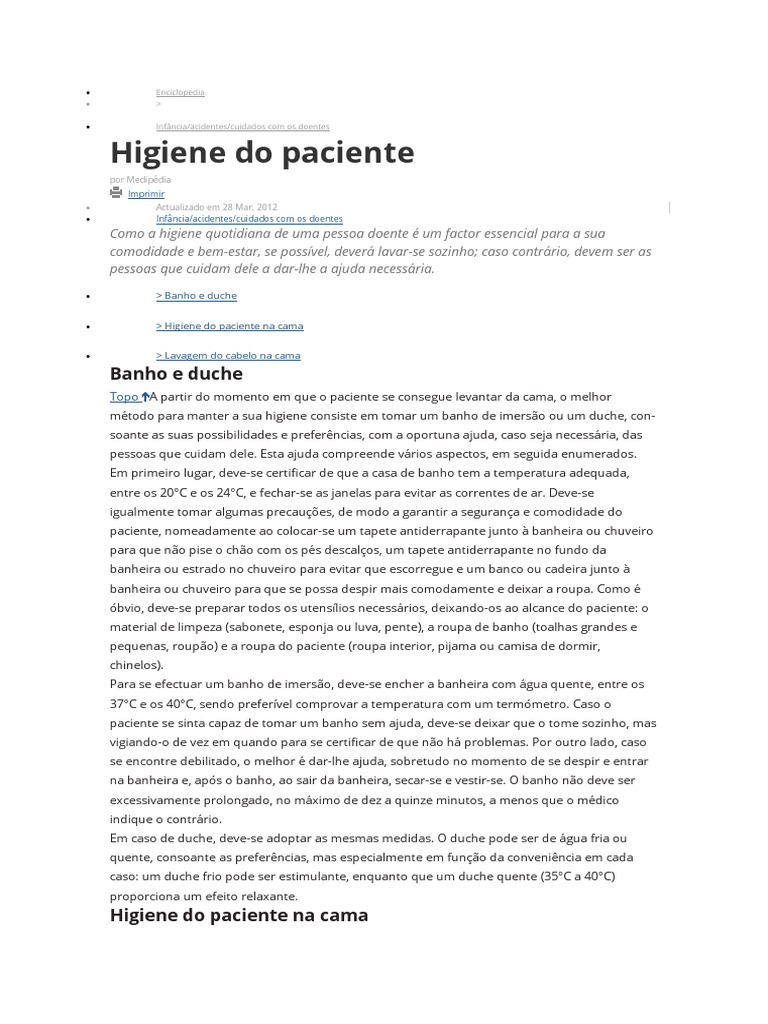Cuidados com a higiene do paciente na cama | PDF | Chuveiro | Cama