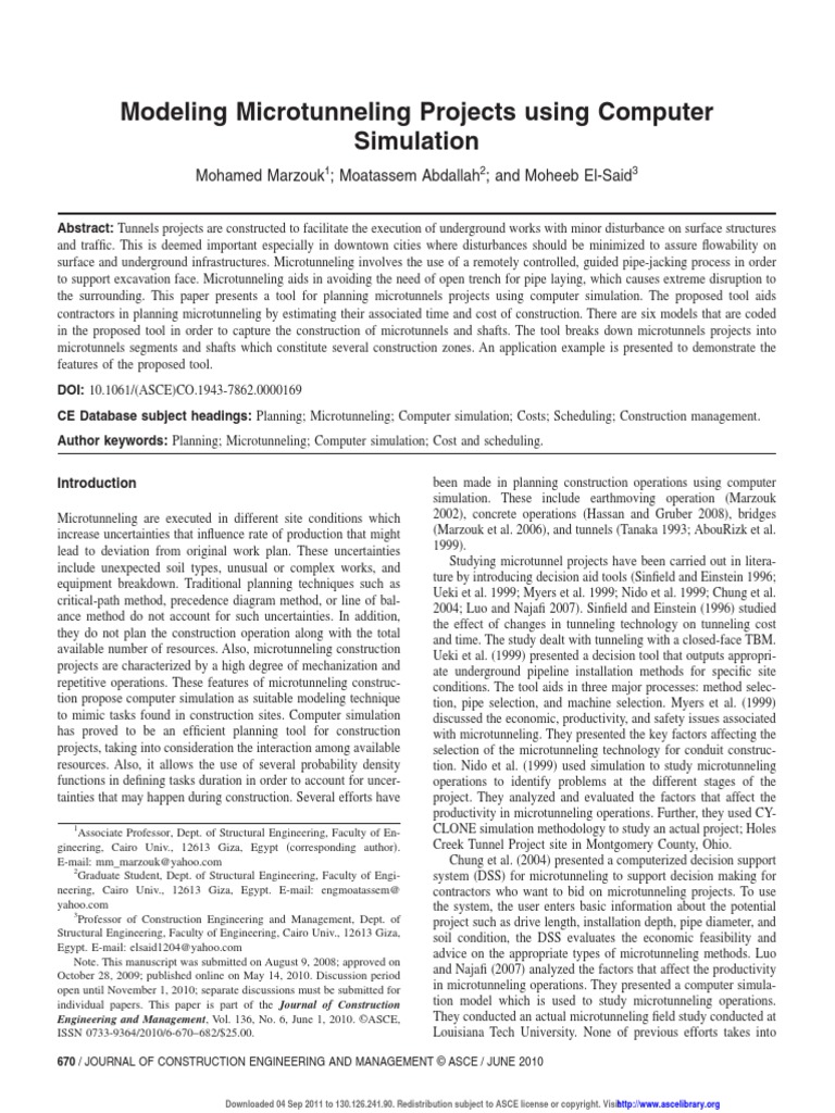 Modeling Microtunneling Projects Using Computer Simulation Mohamed Marzouk Moatassem Abdallah 
