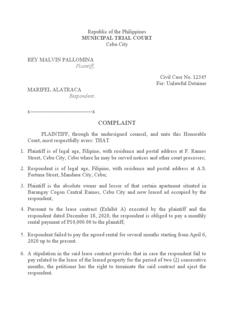 Municipal Trial Court: Complaint | PDF | Lease | Lawsuit