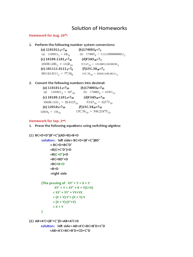 Solutions to Homework Assignments on Number System Conversions, Logic Circuit Design Problems ...