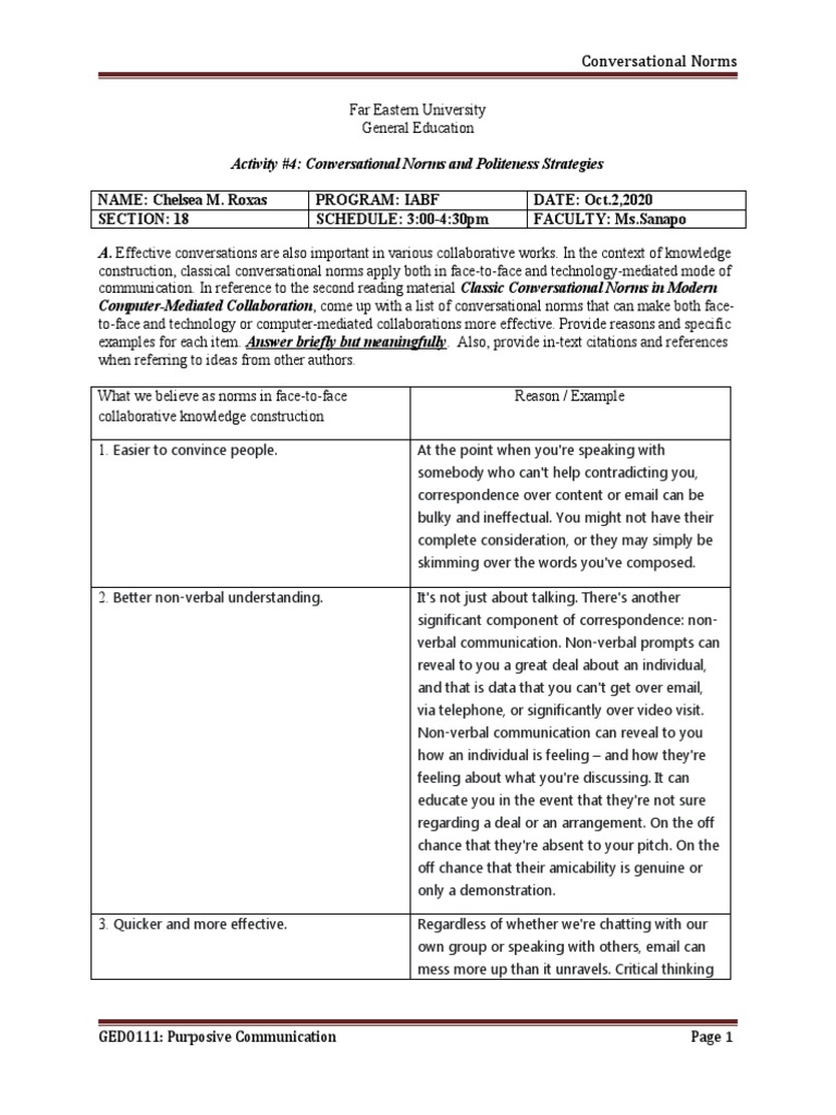 Activity 4 - Conversational Norms-1 | PDF | Nonverbal Communication ...