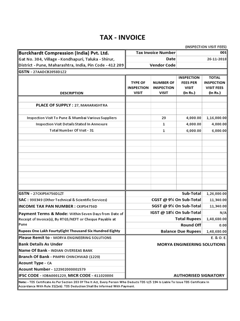 Tax - Invoice: Burckhardt Compression (India) Pvt. LTD | PDF | Invoice ...