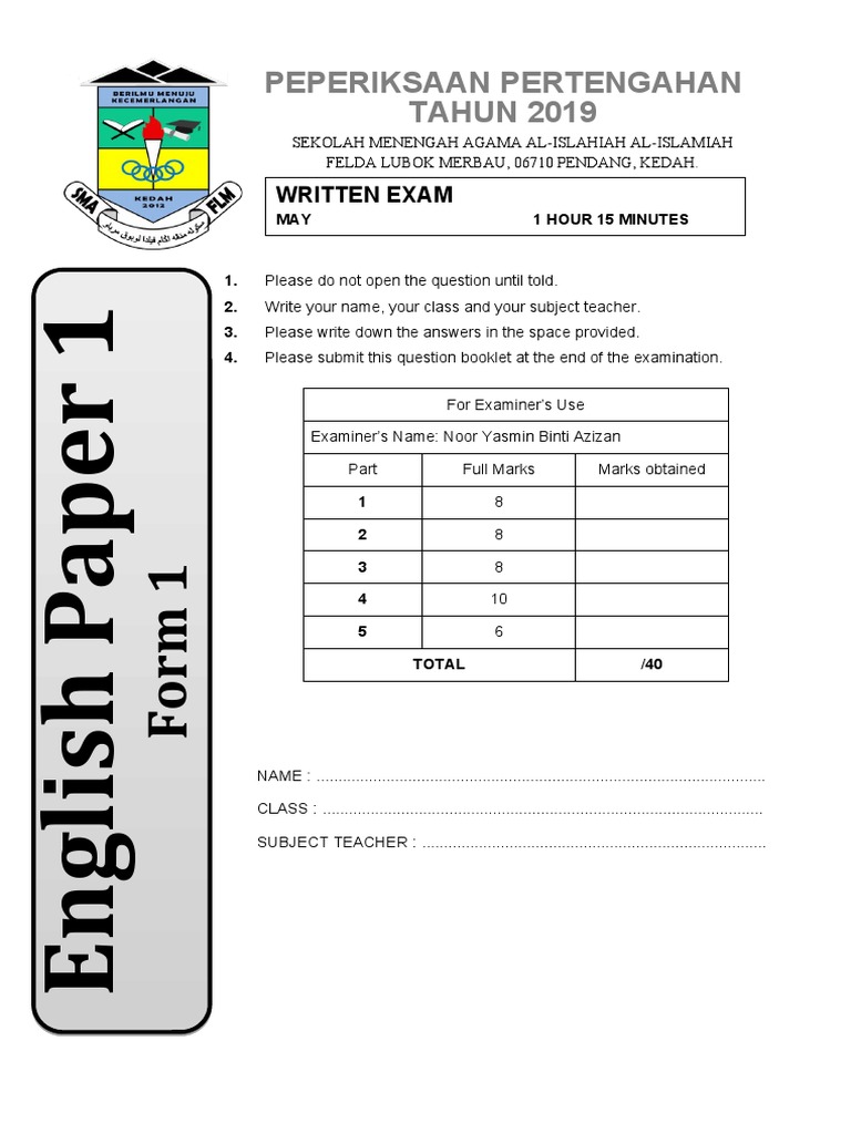 Cover Exam PAPER 1 FORM 1 2019 | PDF