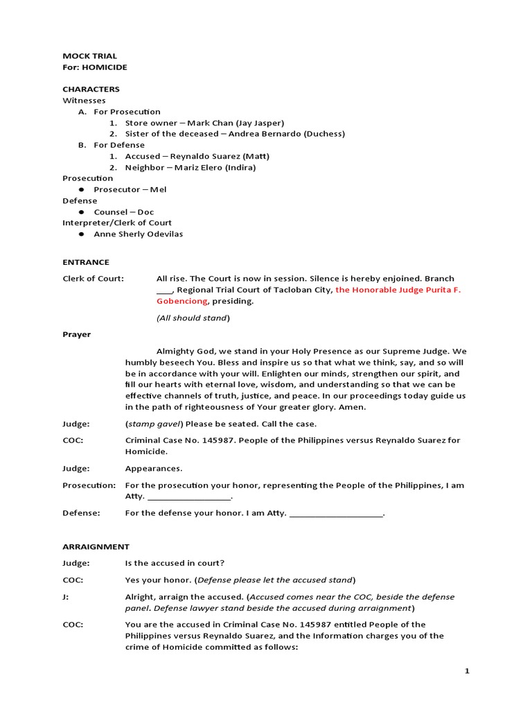 Mock Trial Script for Homicide Case | PDF | Plea | Plea Bargain
