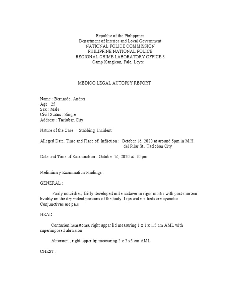 Medico Legal Autopsy Report 10 16 2020 | PDF