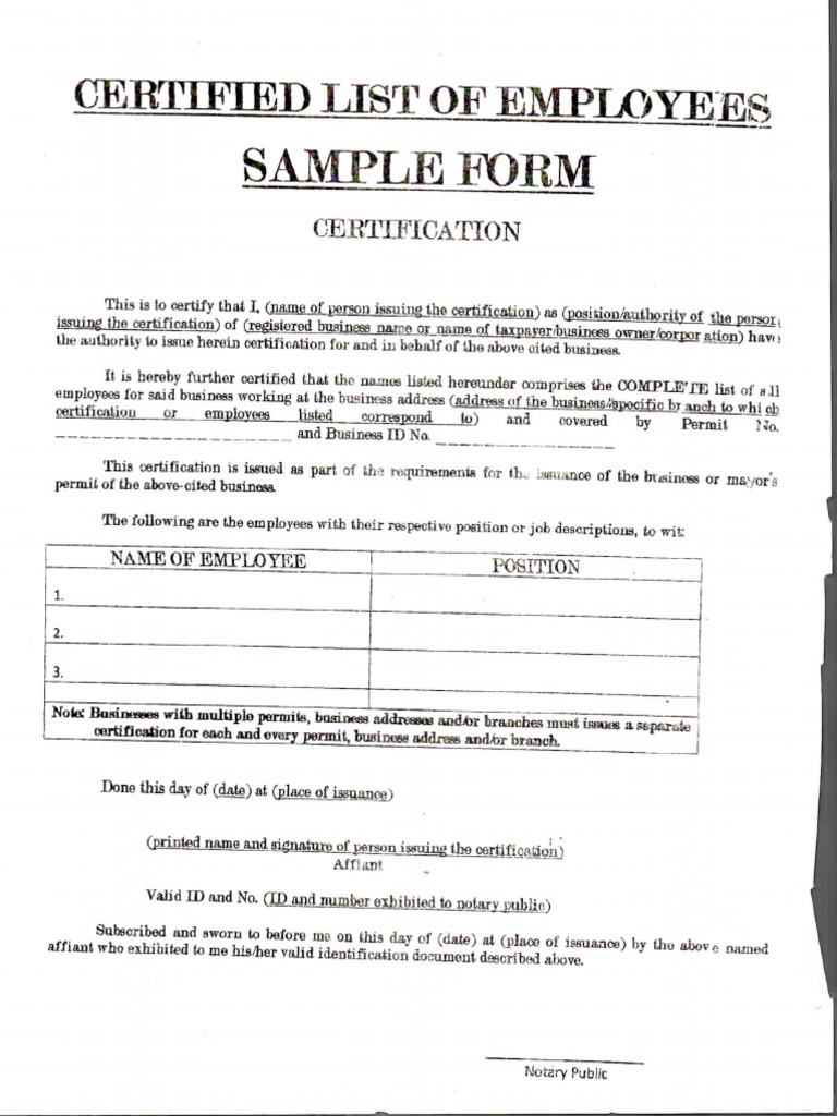 Certified List of Employees Sample | PDF