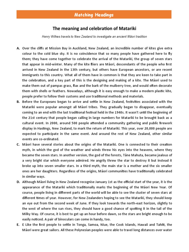 The Meaning and Celebration of Matariki: Matching Headings | PDF ...