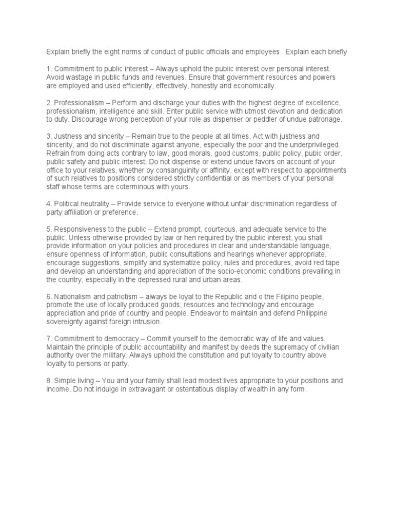 Explain Briefly The Eight Norms of Conduct of Public Officials and Employees | PDF | Loyalty ...