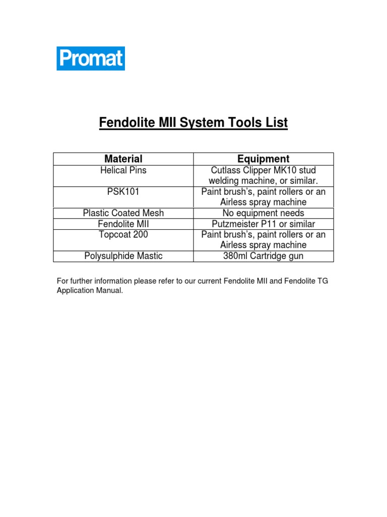 Fendolite MII System Tools List: Material Equipment | PDF