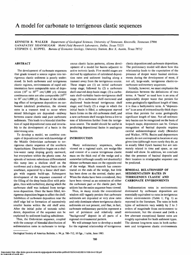 1983 - Walker - Model For Carbonate To Terrigenous Clastic Sequences ...