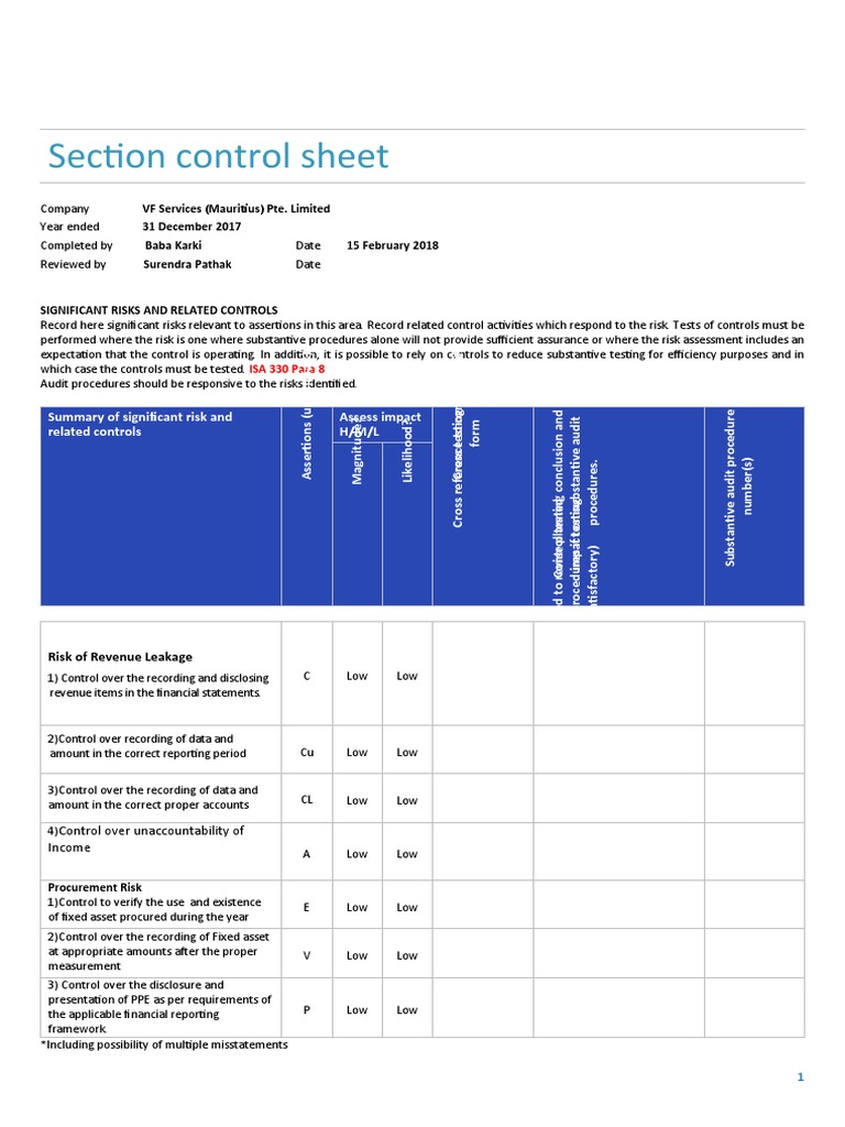Section Control Sheet: Summary of Significant Risk and Related Controls ...