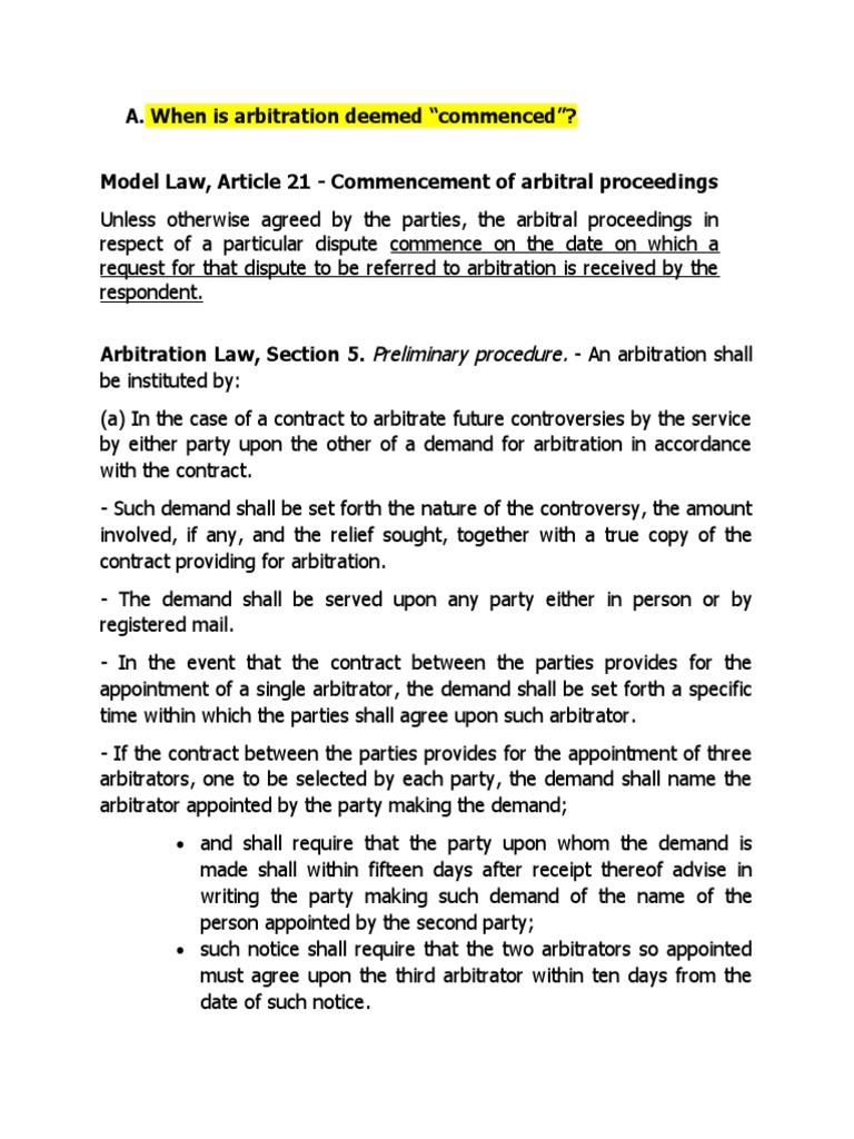 Model Law, Article 21 - Commencement of Arbitral Proceedings | PDF ...