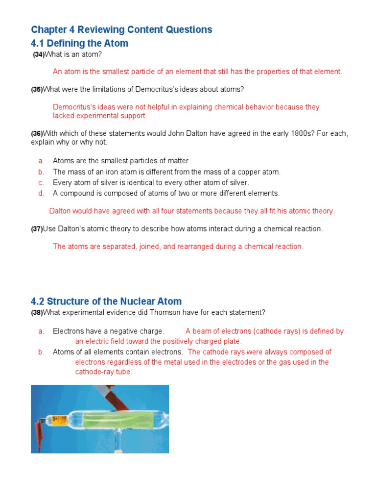 Chapter 4 Reviewing Content Questions 4.1 Defining The Atom | PDF ...