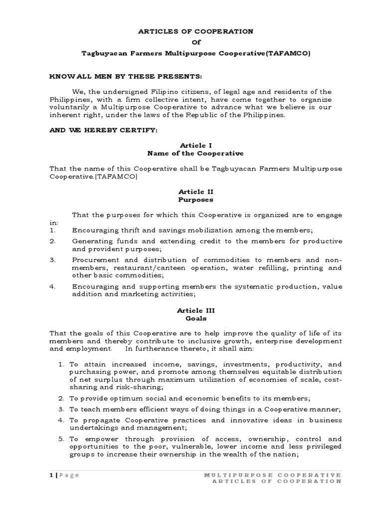 ARTICLES OF COOPERATION Amendment | PDF | Cooperative | Wealth