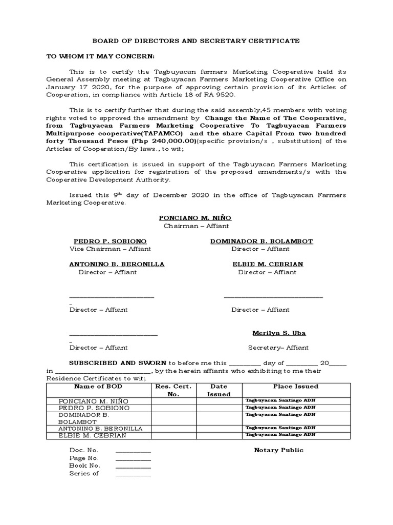 Board of Directors and Secretary Certificate | PDF | Constitutional Law ...