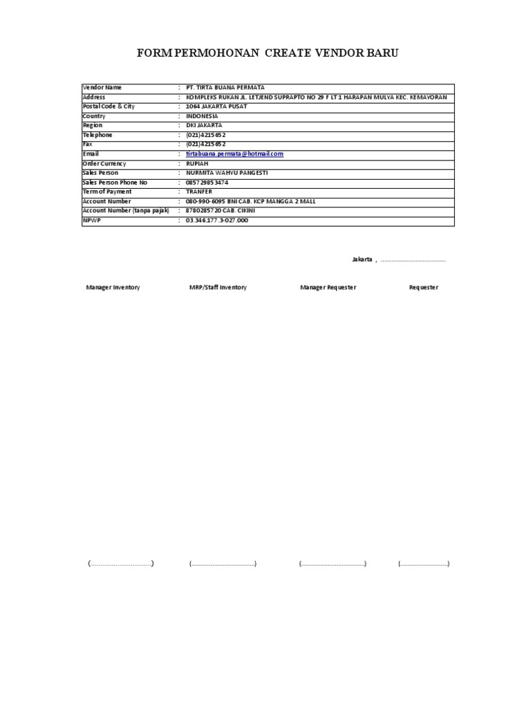Form Permohonan Create Vendor Baru | PDF