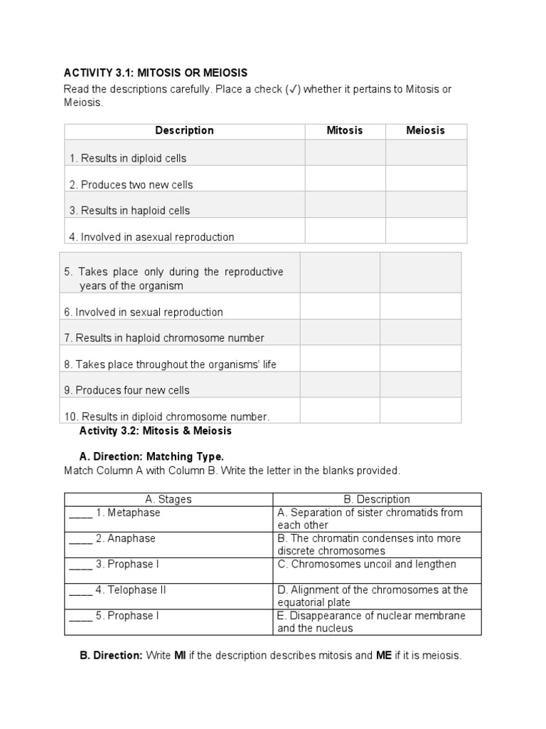 Activity 3.1: Mitosis or Meiosis | PDF