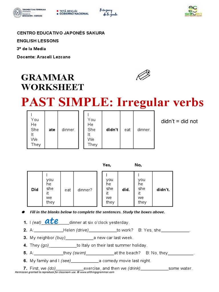 PAST SIMPLE: Irregular Verbs: Grammar Worksheet | PDF | Languages ...