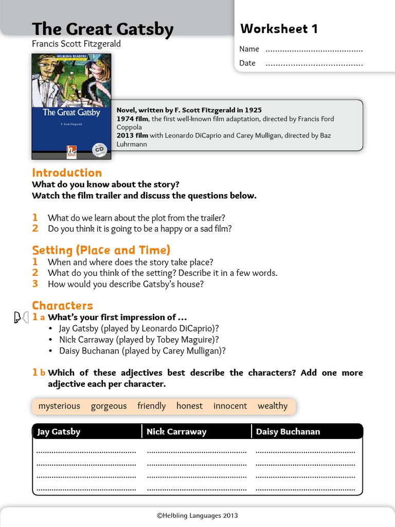 Gatsby Film Trailer Worksheet PDF | PDF | The Great Gatsby | Novels