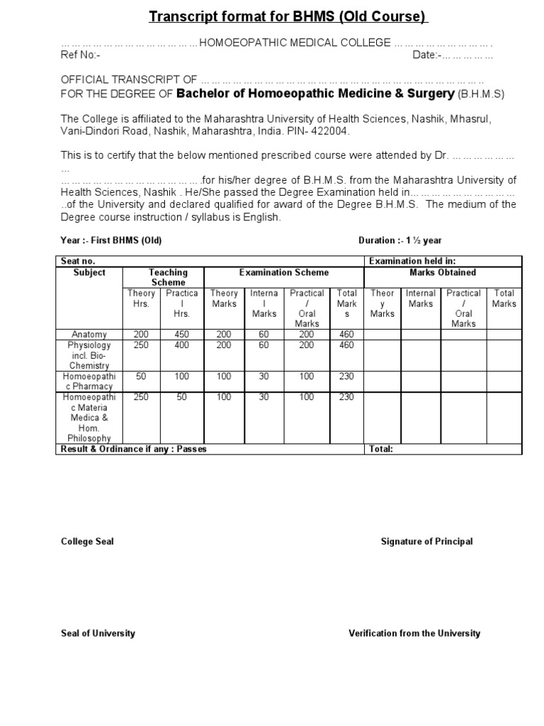Transcript Format BHMS Old 220110 | PDF | Academic Degree | Medical School