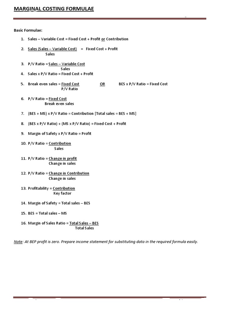 Marginal Costing Formulas Guide | PDF