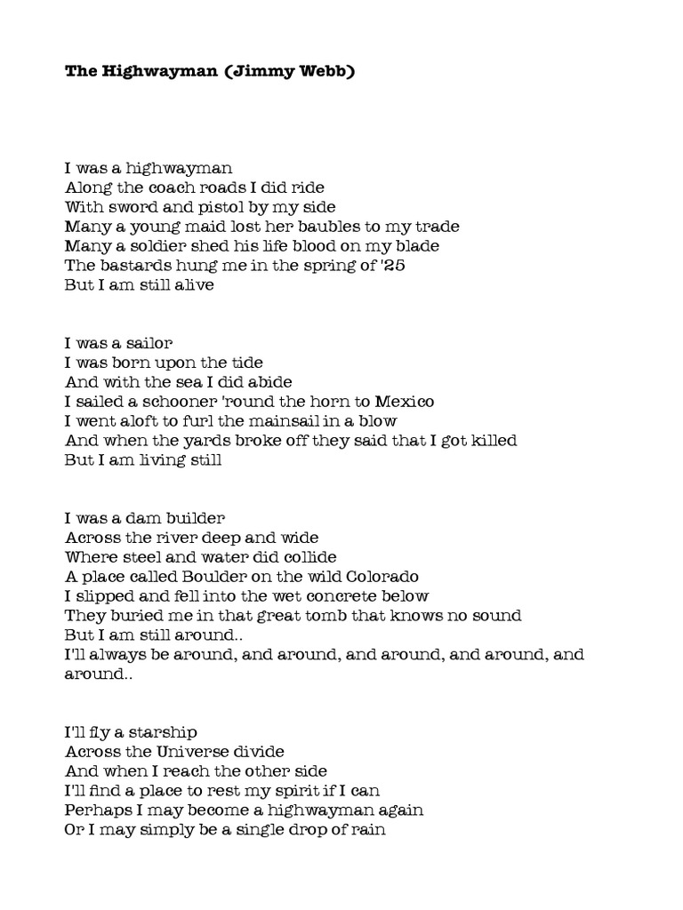 The Highwayman (Jimmy Webb) (Lyrics) | PDF | Travel | Poetry