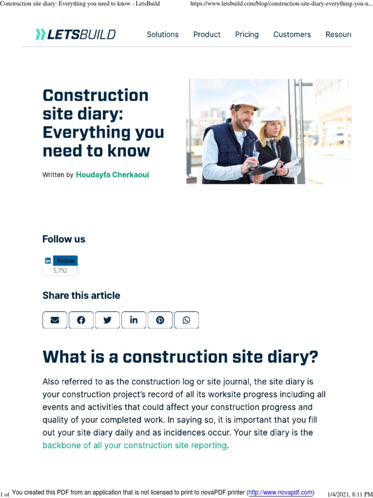 Construction Site Diary - Everything You Need To Know - LetsBuild | PDF | Printer (Computing ...