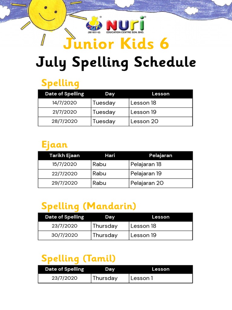 Spelling Schedule J6 July | PDF