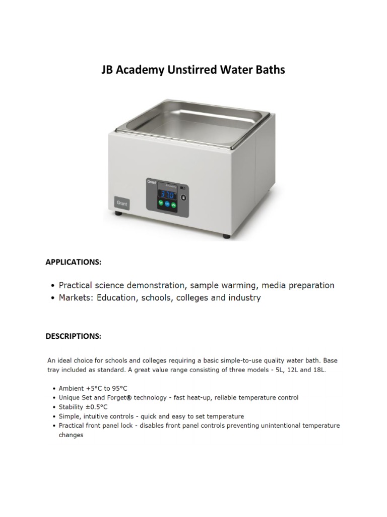 JB Academy Unstirred Water Baths: Applications | PDF