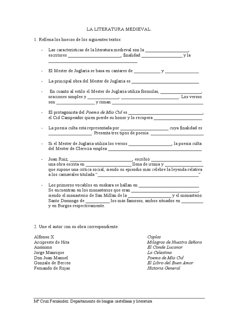 La Literatura Medieval Actividades PDF | PDF | Literatura europea | Literatura española