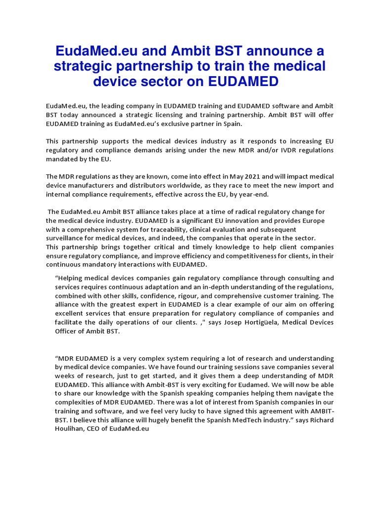 Eudamed - Eu and Ambit BST Announce A Strategic Partnership To Train ...