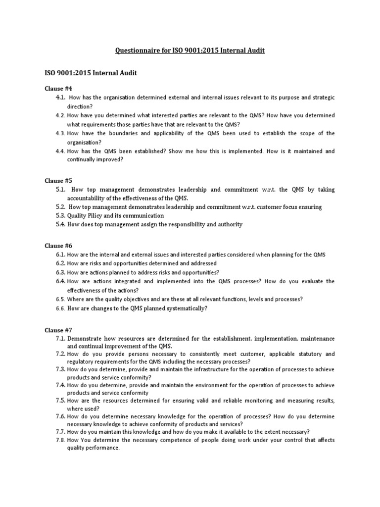 Questionnaire For ISO 9001:2015 Internal Audit: Clause #4 | PDF ...