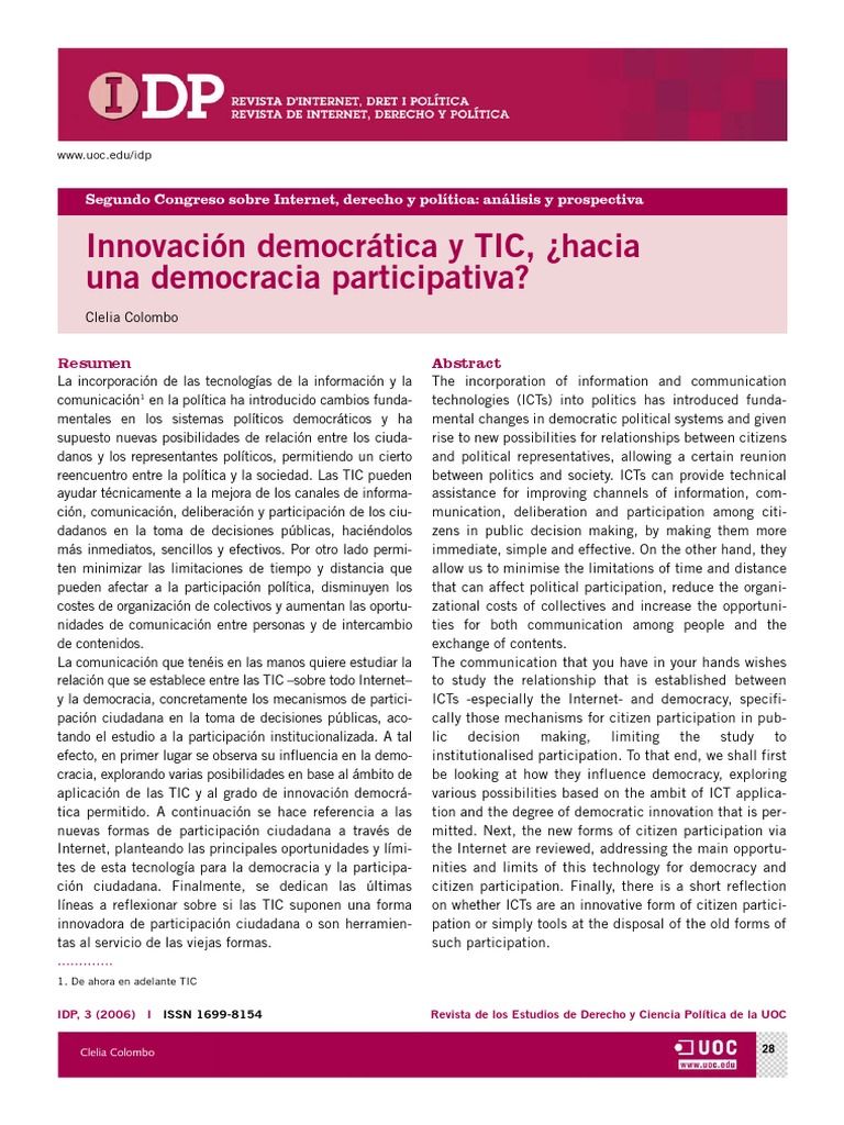 Colombo, Clelia "Innovación Democrática y TIC, ¿Hacia Una Democracia ...