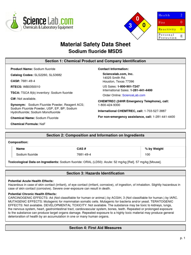 Material Safety Data Sheet Sodium Fluoride MSDS Toxi Personal