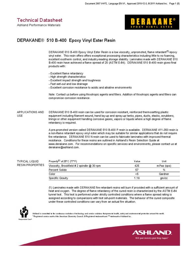 Technical Datasheet: DERAKANE® 510 B-400 Epoxy Vinyl Ester Resin | PDF ...