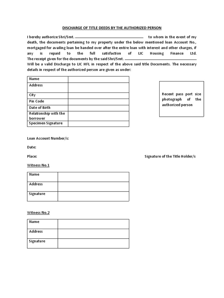 Discharge of Title Deeds by The Authorized Person | PDF