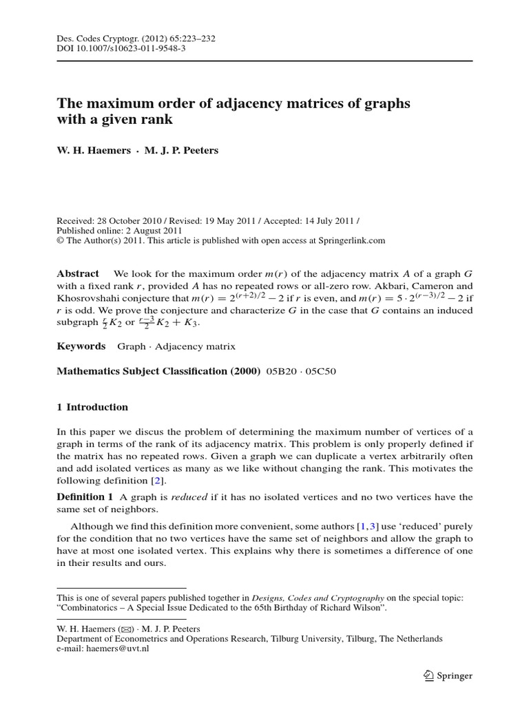 The Maximum Order of Adjacency Matrices of Graphs With A Given Rank | PDF | Vertex (Graph Theory ...