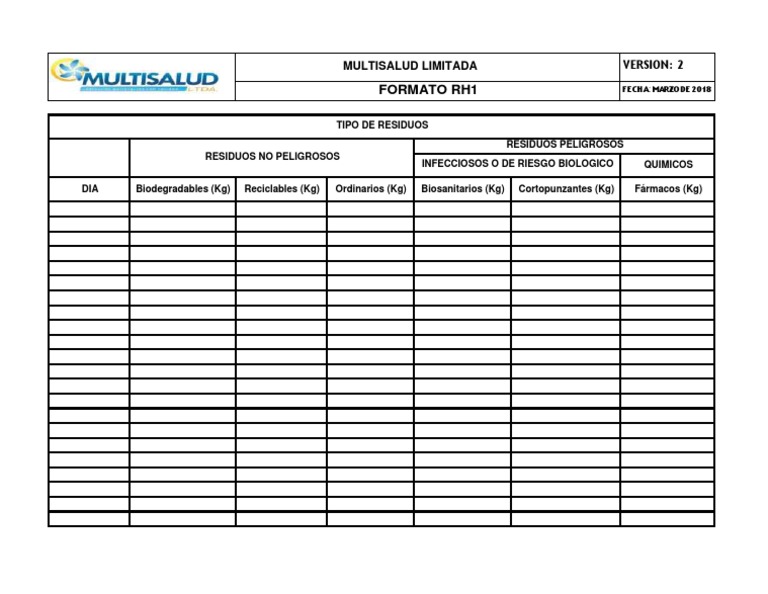 Formato Manejo Residuos Hospitalarios RH1 | PDF