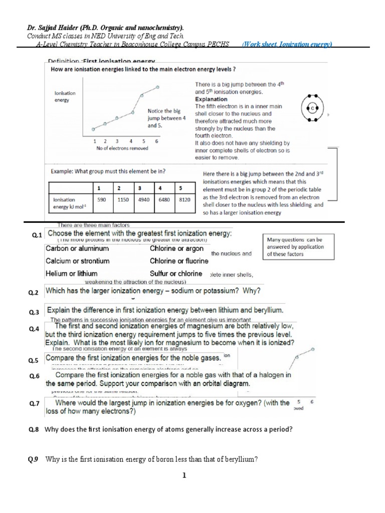 Ionization Energy Worksheet) | PDF | Ionization | Chemical Elements