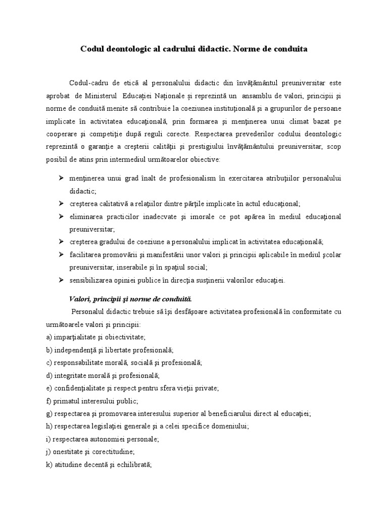 Codul Deontologic Al Cadrului Didactic | PDF