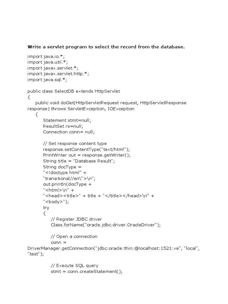 Write A Servlet Program To Select The Record From The Database Pdf Computing Platforms Data