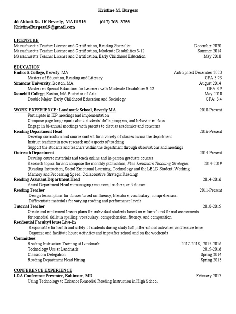 Burgess Resume | PDF | Teachers | Reading Comprehension