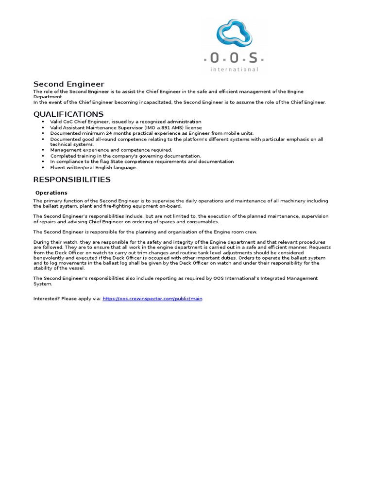 Second Engineer: Operations | PDF
