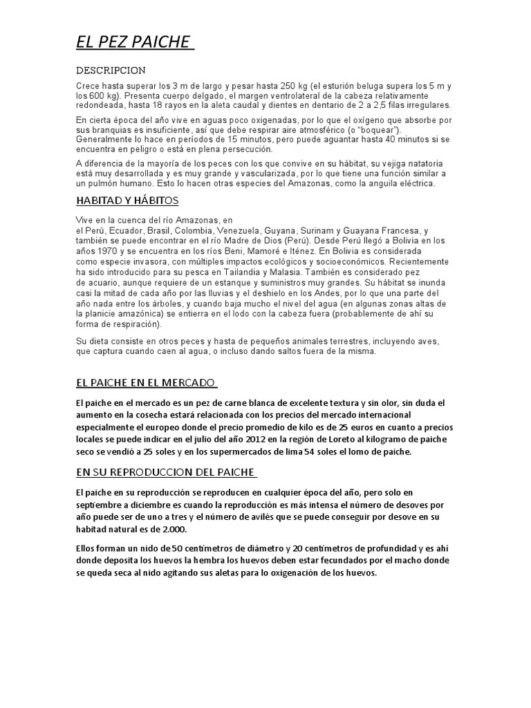 El Paiche en El Peru | PDF | Acuicultura | Naturaleza
